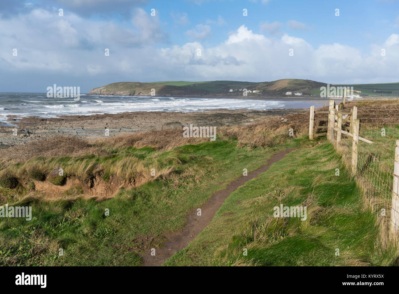 View across Croyde Bay in North Devon, looking towards Baggy Point, on ...