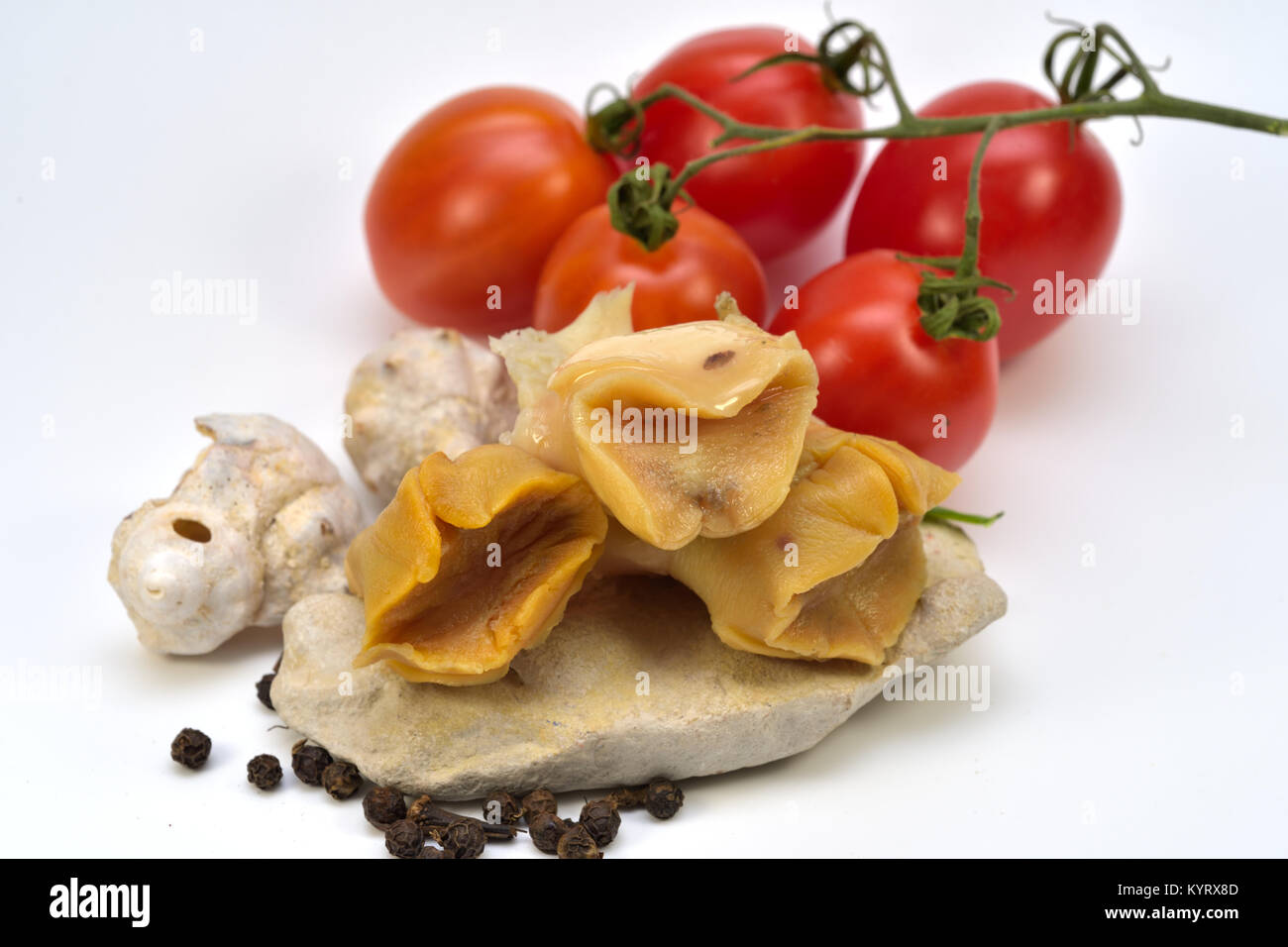 Boiled Rapana (Veined rapa whelk) Meat with Tomatoes, isolated on white ...