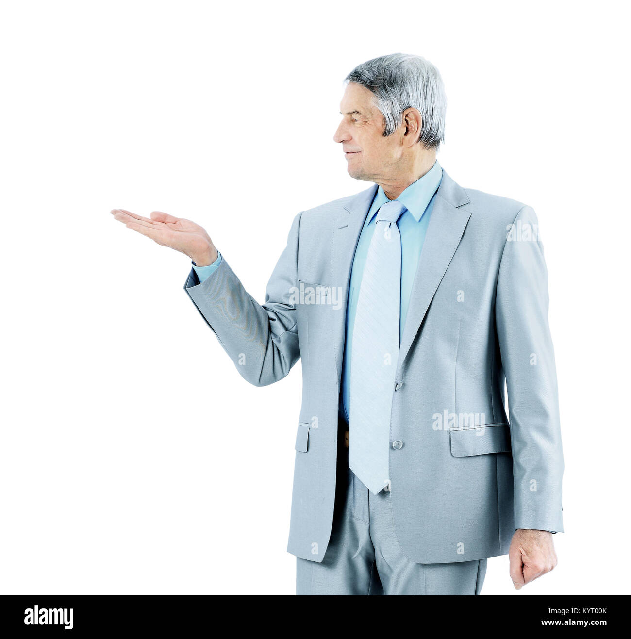Businessman in age, with an outstretched hand. Isolated in the white ...