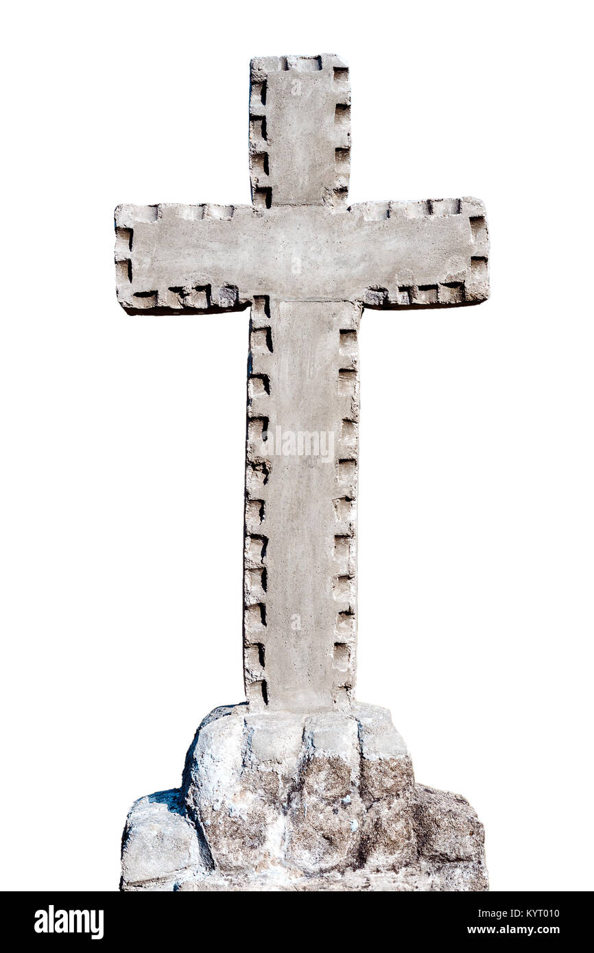 Old rough concrete cross isolated on white background. Christian ...