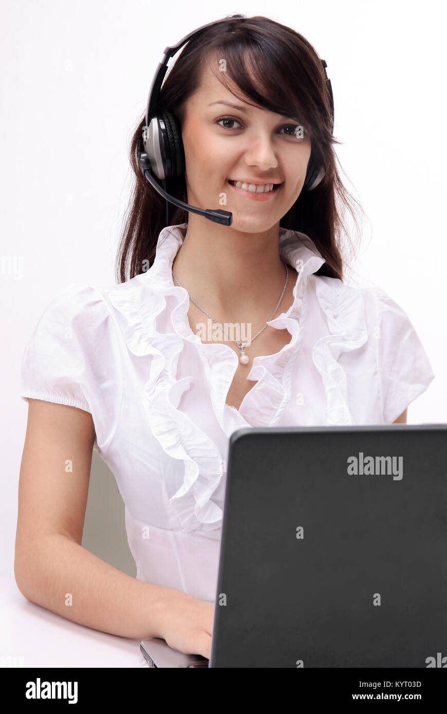 portrait of an employee call center sitting behind a Desk Stock Photo ...