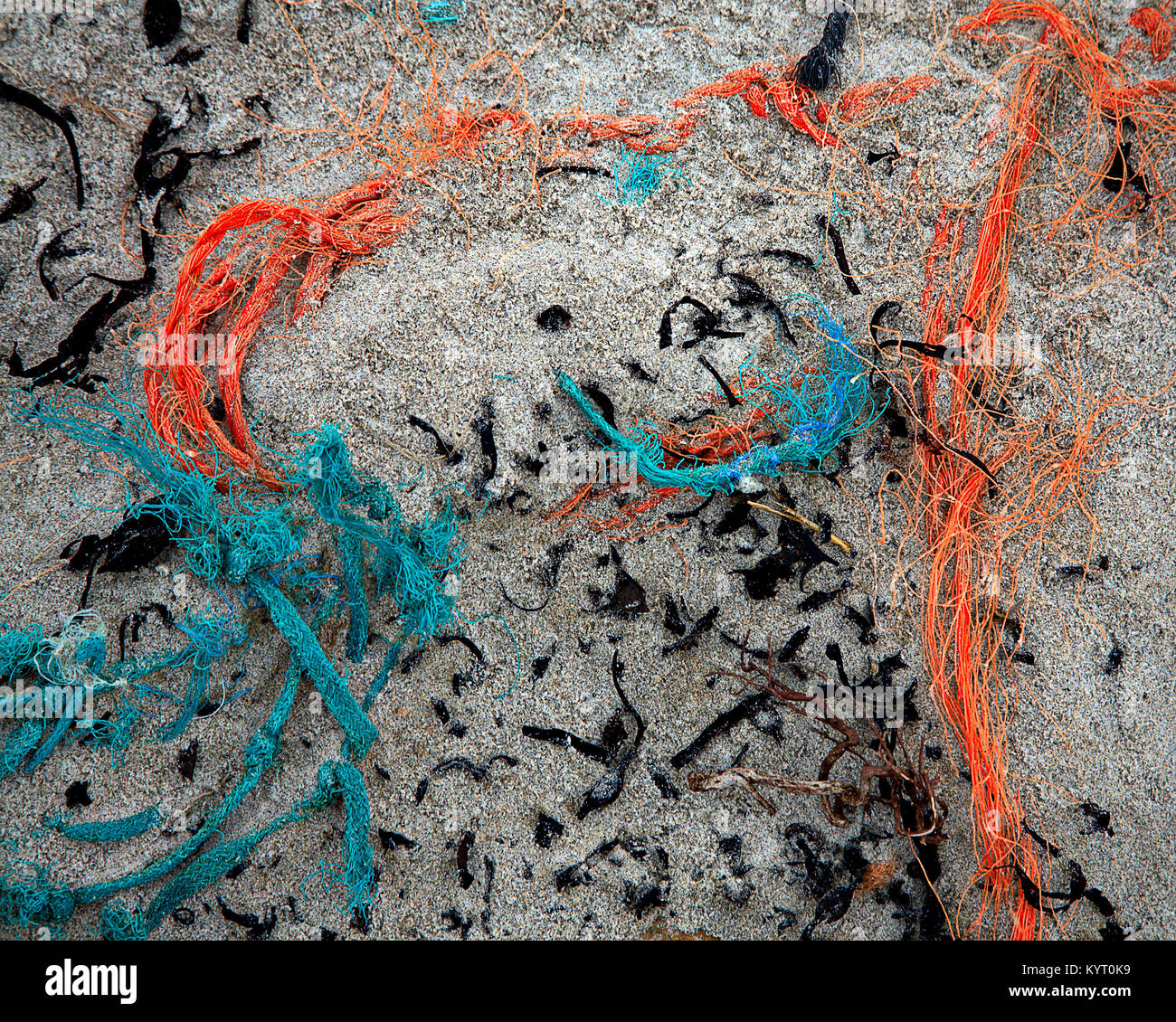 Coloured polypropylene rope washed up on the beach at Achill Island on ...
