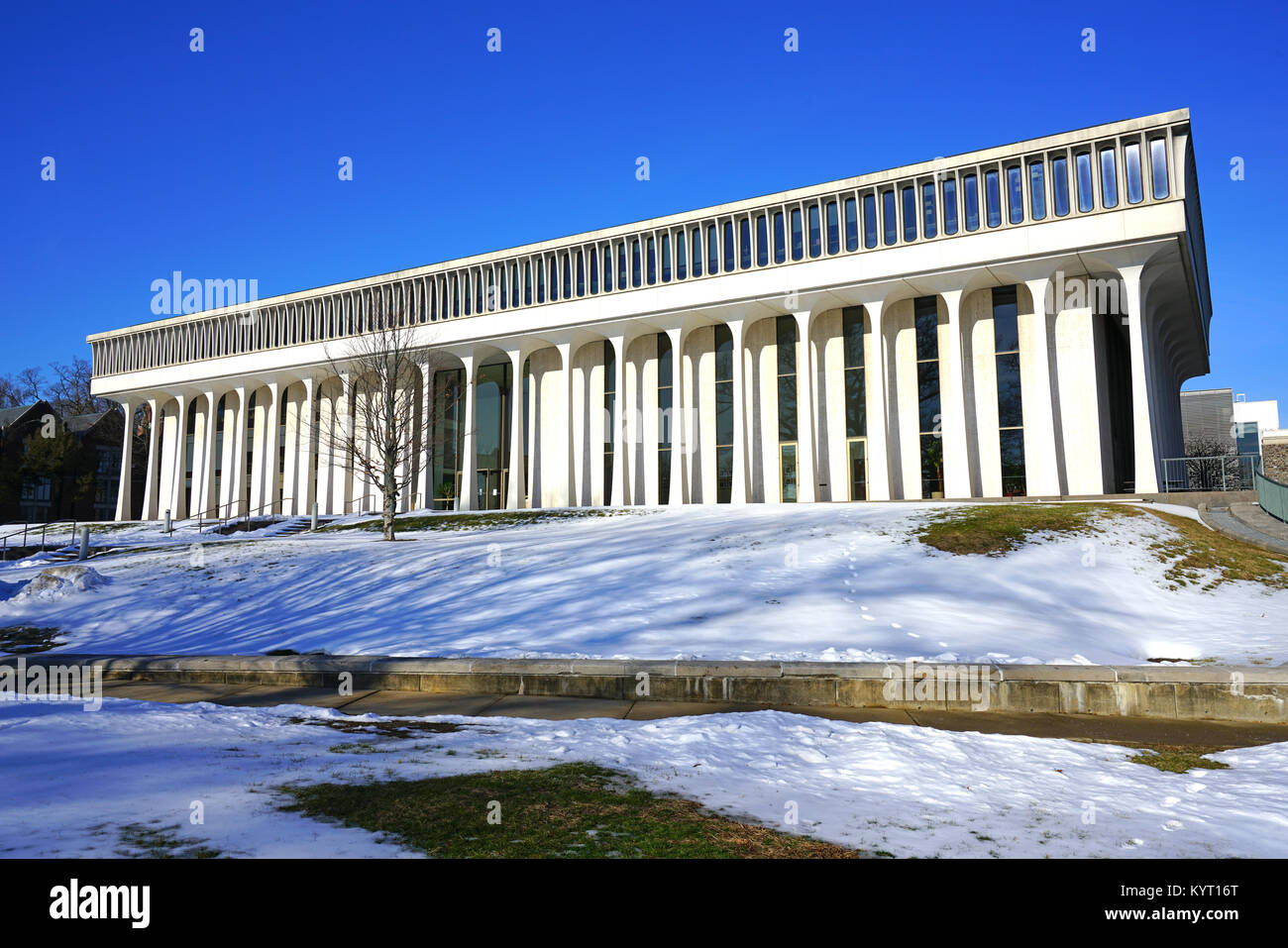 The campus of Ivy League Princeton University under snow in winter ...