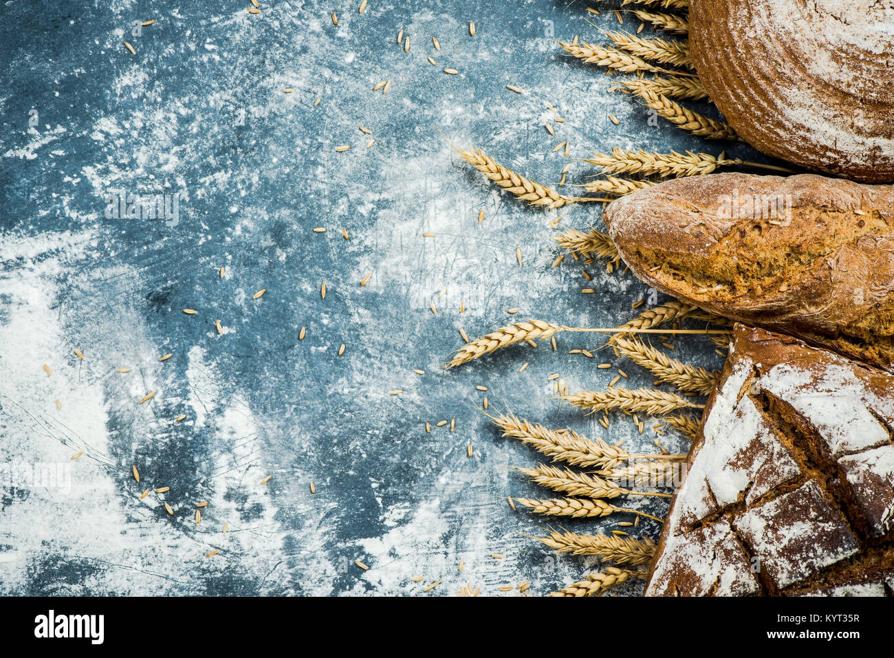Traditional artisan bakery breads, border background with copy space ...