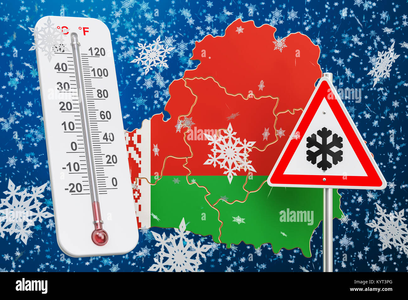Snow hurricane, blizzards and winter storm in Belarus concept, 3D ...