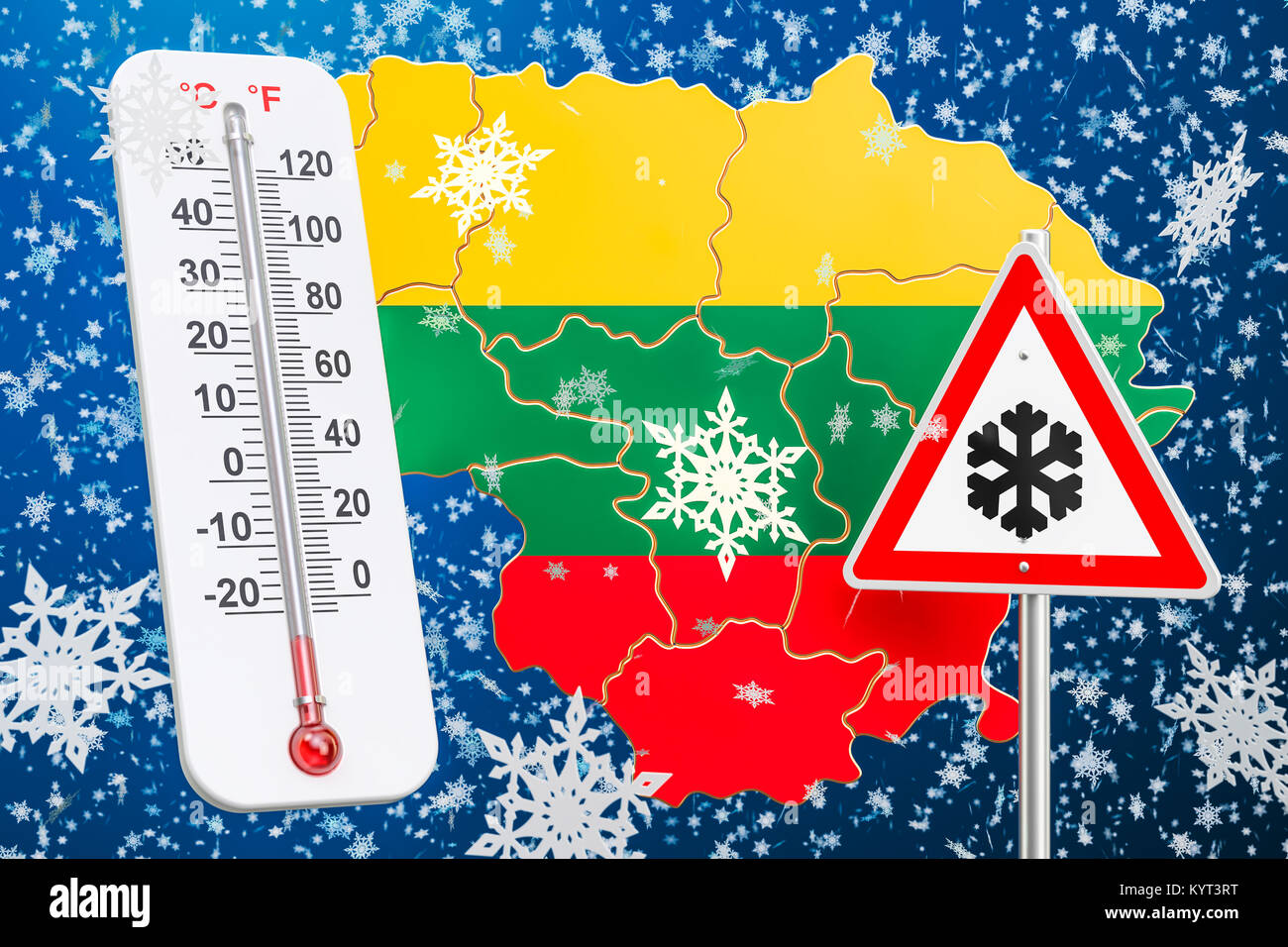 Snow hurricane, blizzards and winter storm in Lithuania concept, 3D ...