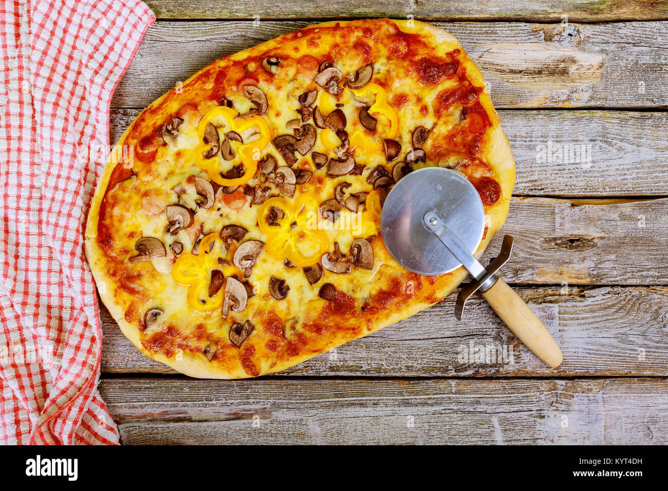 Hot true Top view of Italian rustic PIZZA with mushrooms ITALIAN PIZZA ...