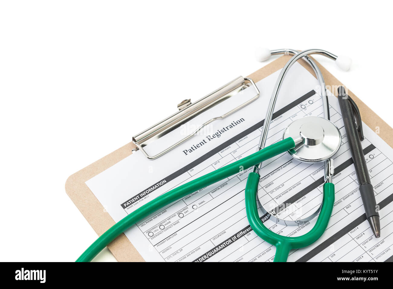 A photo of Stethoscopes and patient registration form on white ...