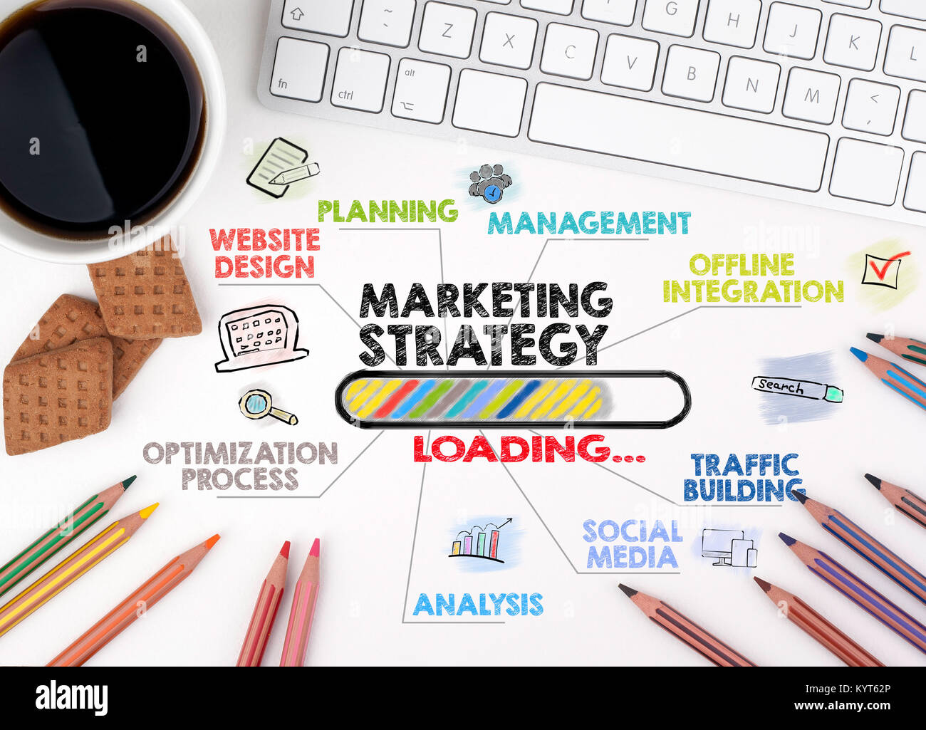 marketing strategy , Business concept. Chart with keywords and icons ...