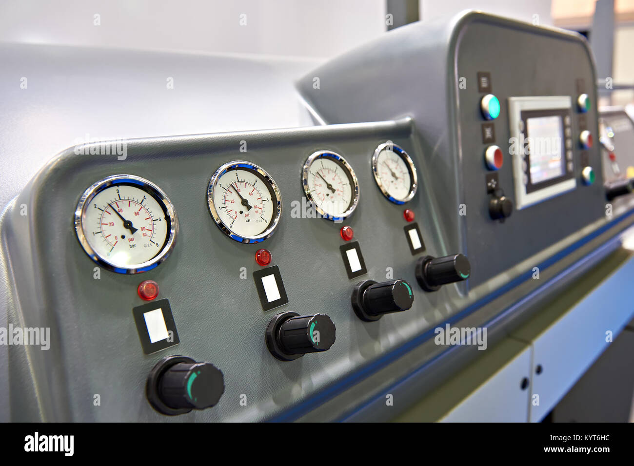 Analog manometers and control panel on industrial system Stock Photo ...