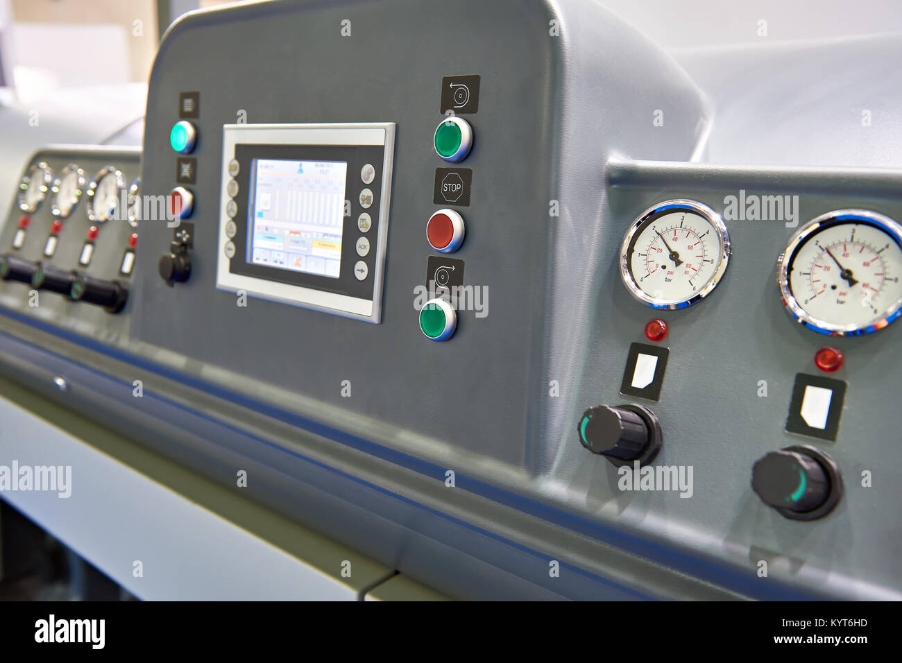 Analog manometers and control panel on industrial system Stock Photo ...