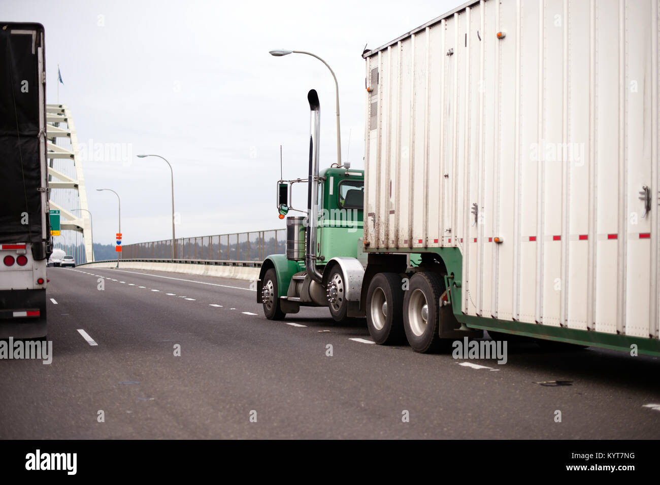 A classic professional American green big rig semi truck with high ...
