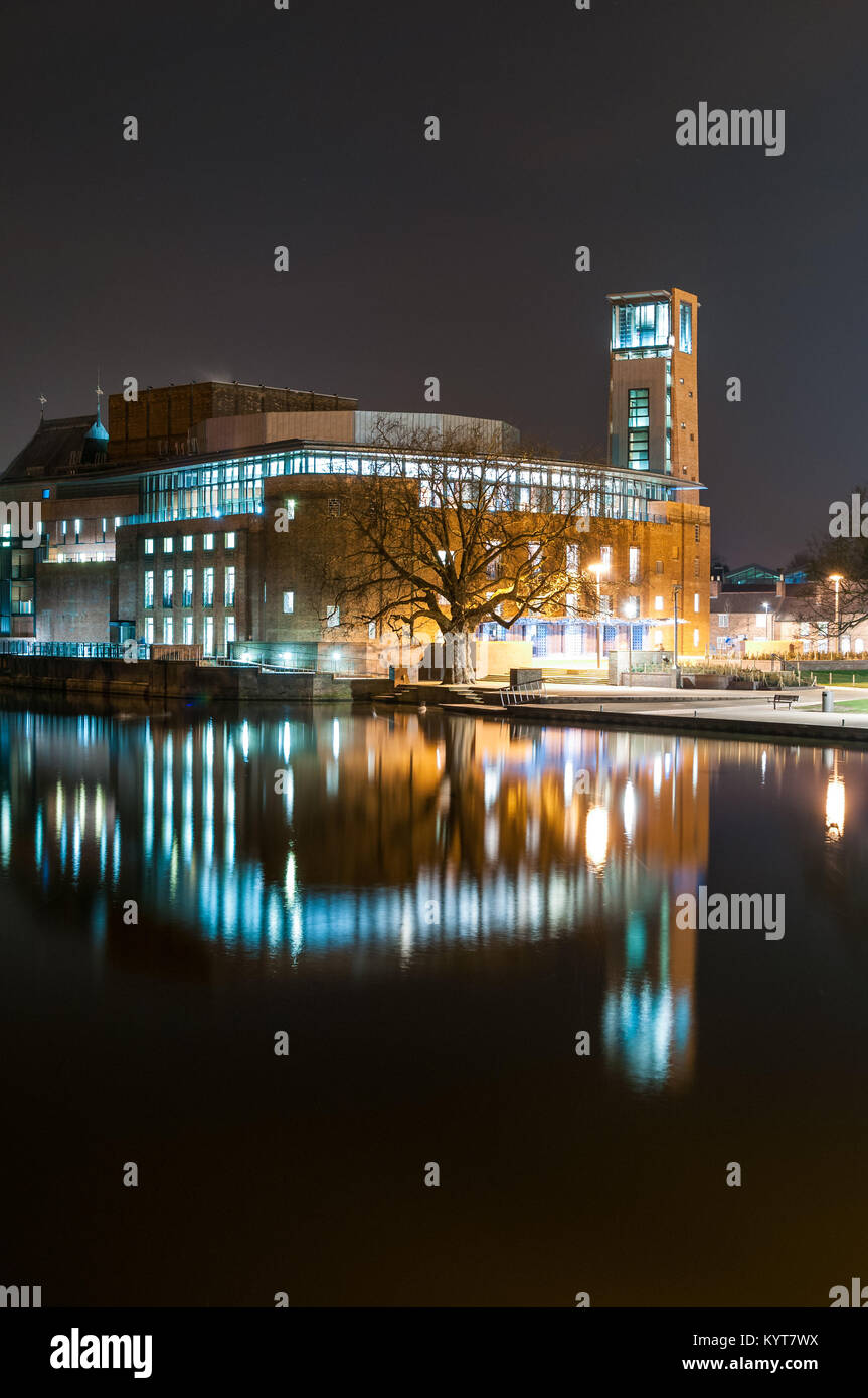 The Royal Shakespeare Company theatre building exterior at night with ...