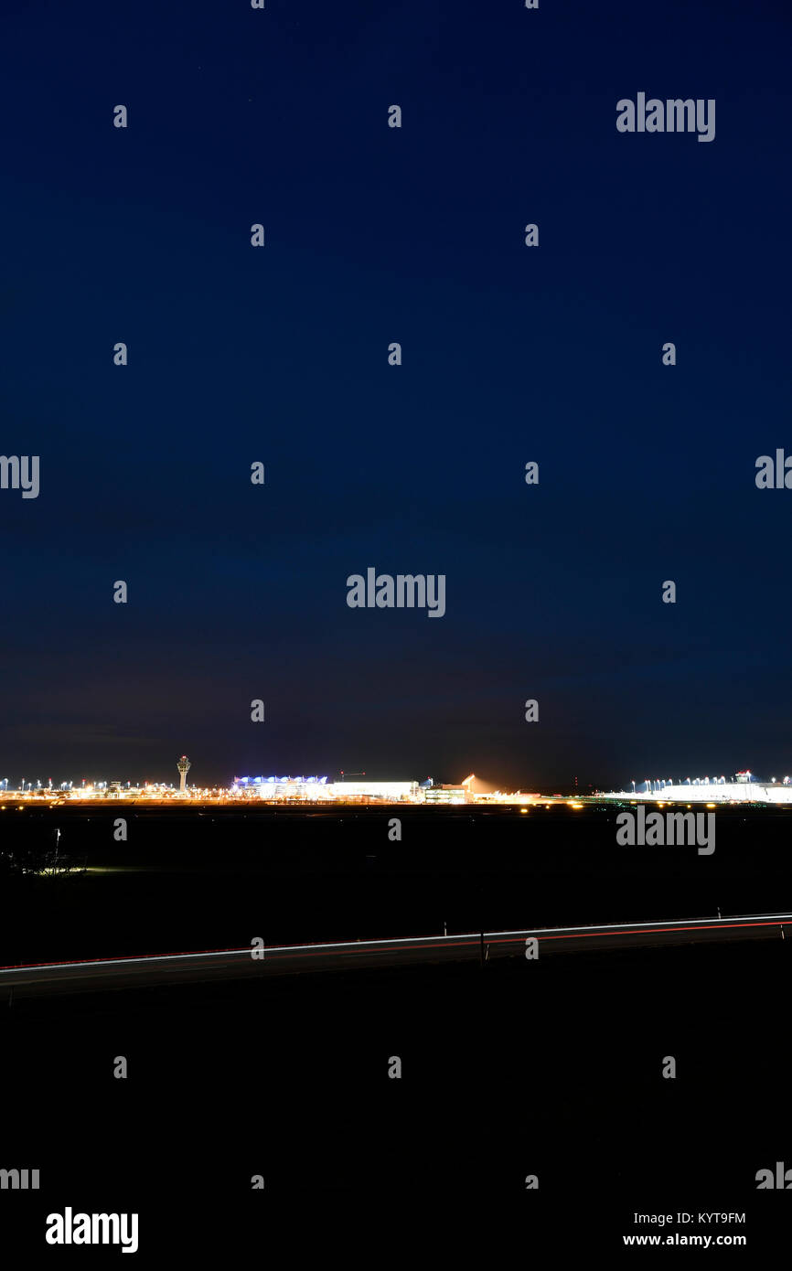 overview, airport, munich, night, twilight, lights, tower, terminal 1 ...