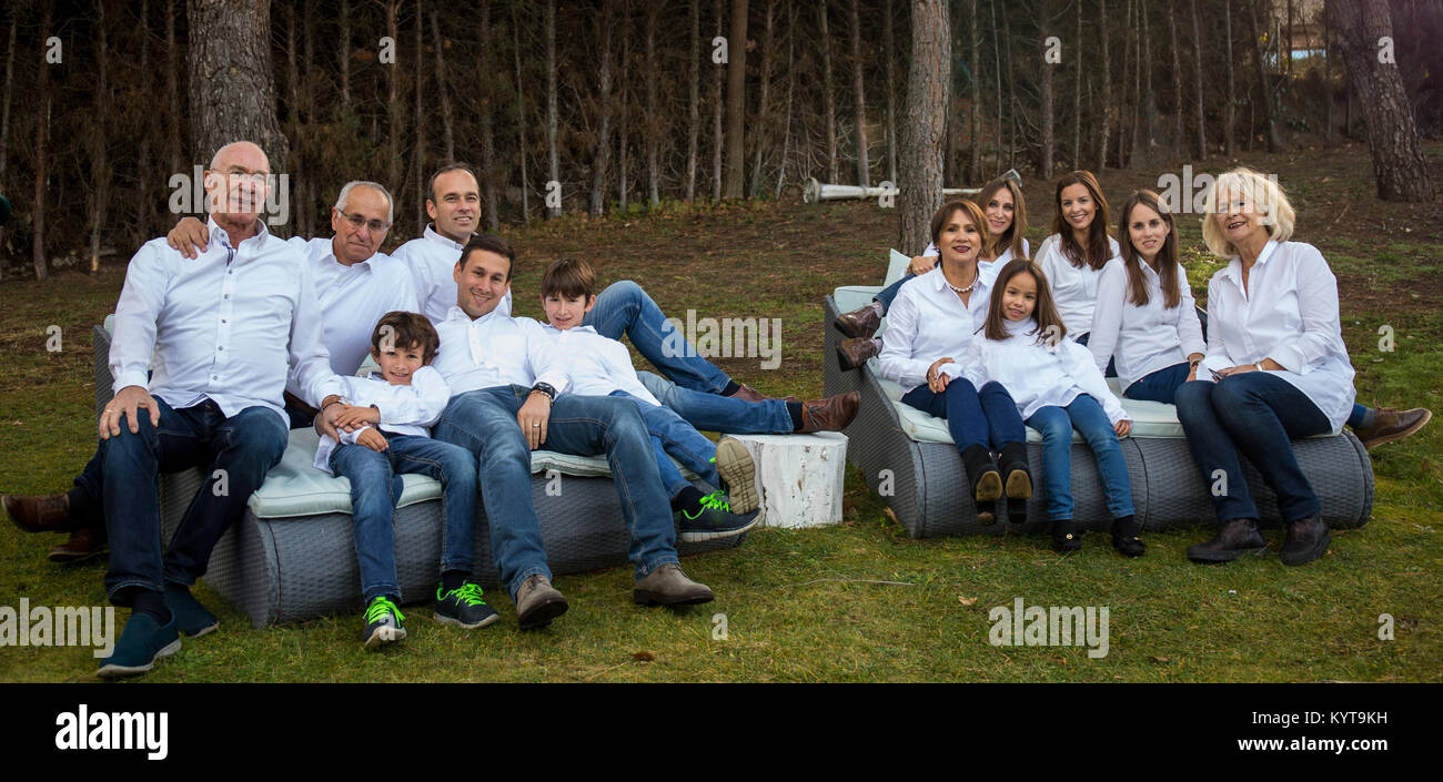 Family of many members, celebrating a party in the garden of their home ...