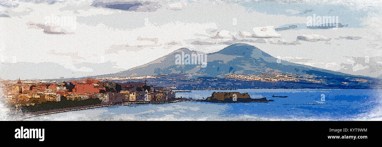 Illustration of the bay of Naples, Italy, with the majestic Vesuvio in ...