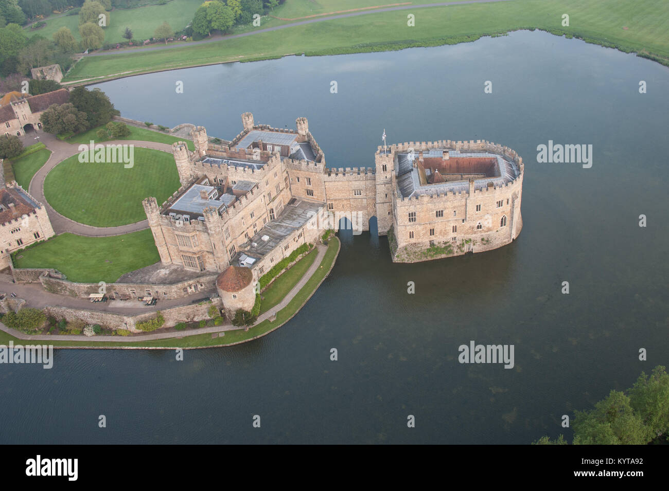 Leeds Castle, near Maidstone, Kent, UK is viewed from a hot air ballon ...