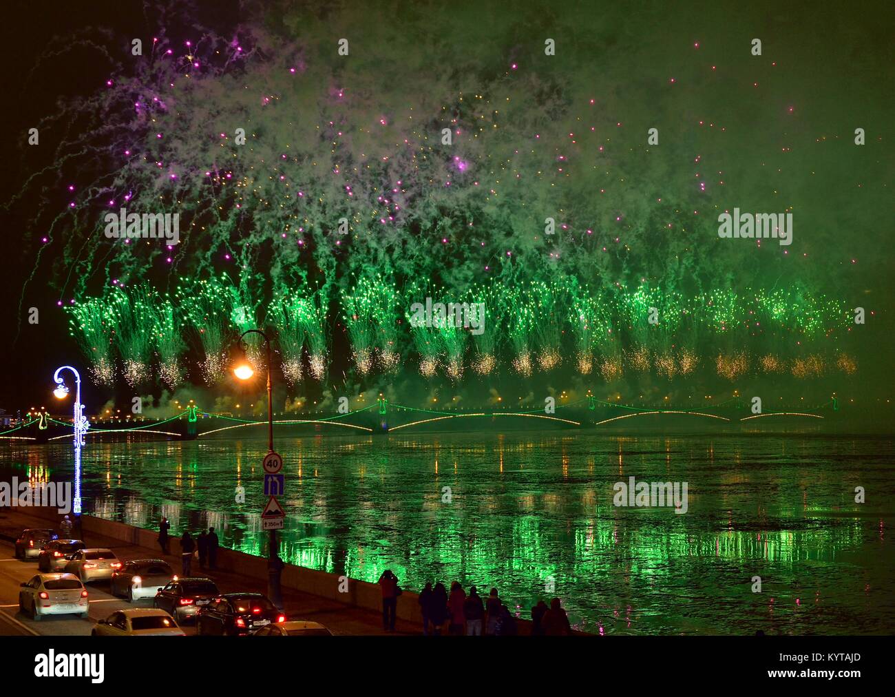 Christmas atmosphere in St. Petersburg. Pyrotechnic show on the ...