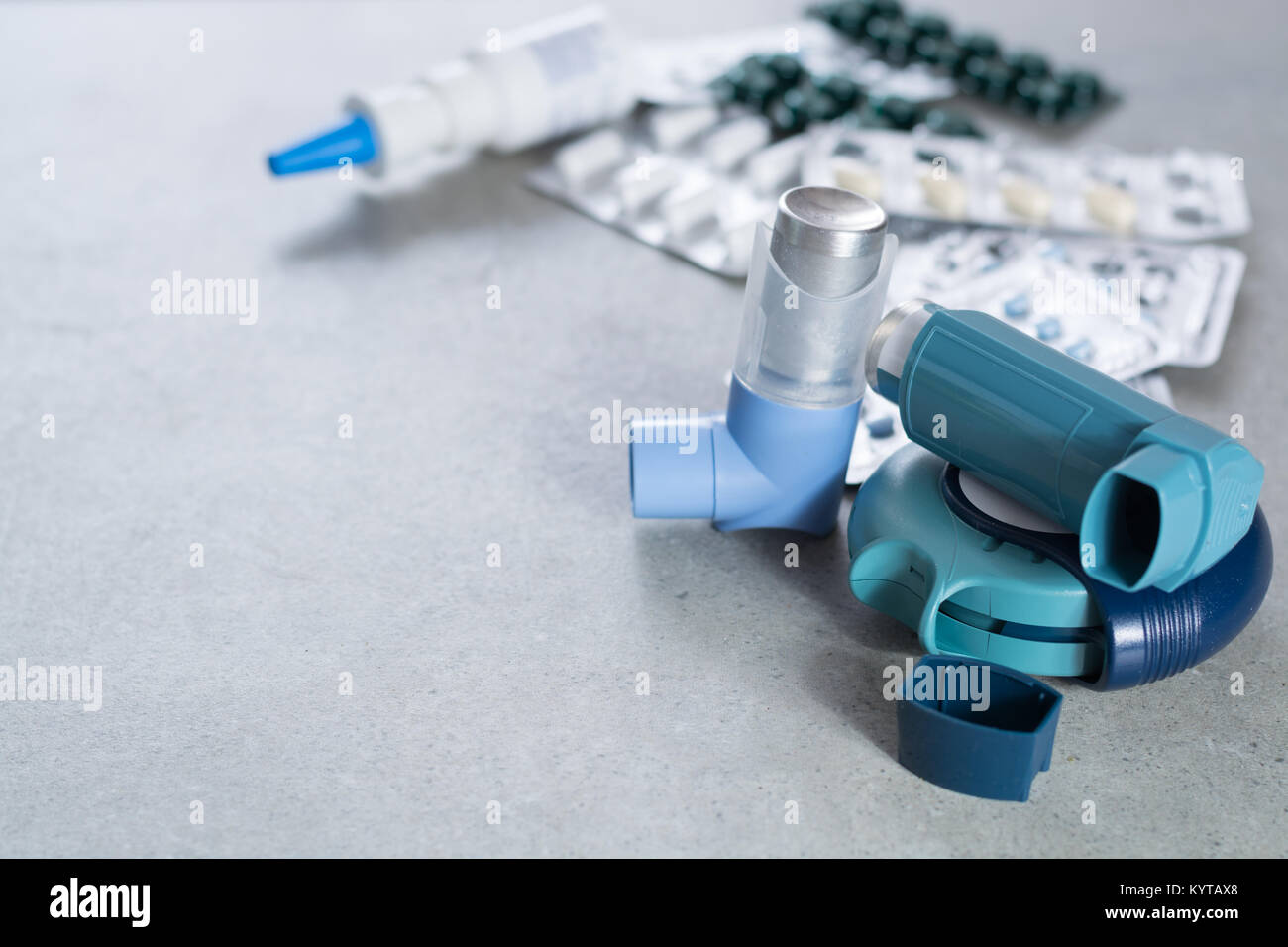 Pills and inhalers for asthma, bronchitis, lungs diseases, first aid ...