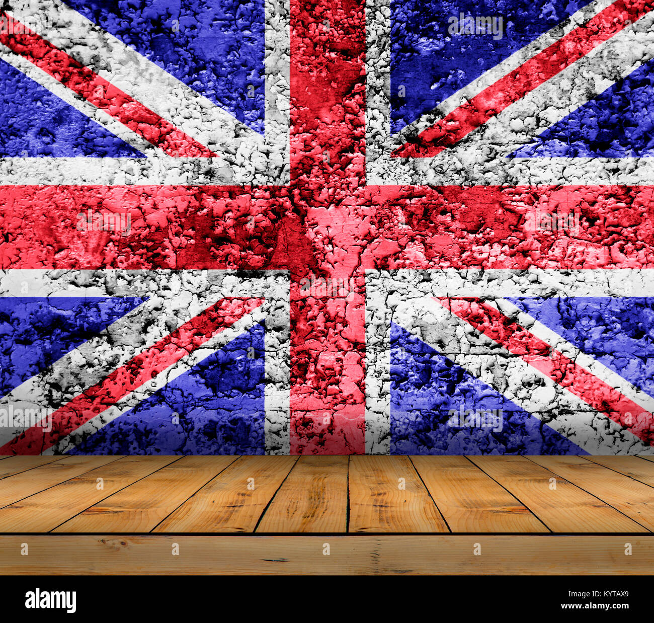 United Kingdom flag painted on grunge wall with wooden floor Stock ...