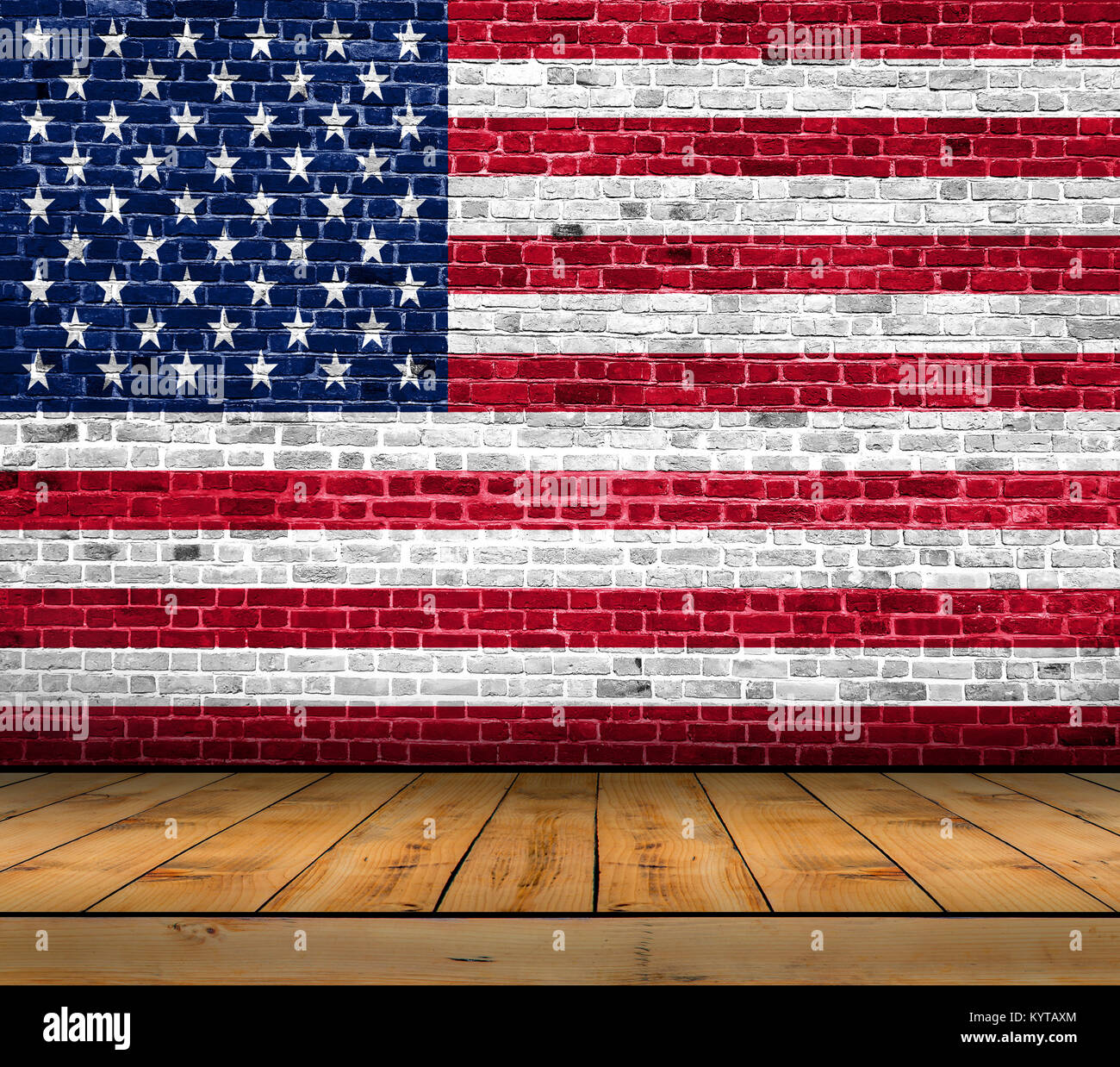 United States of America flag painted on brick wall with wooden floor ...