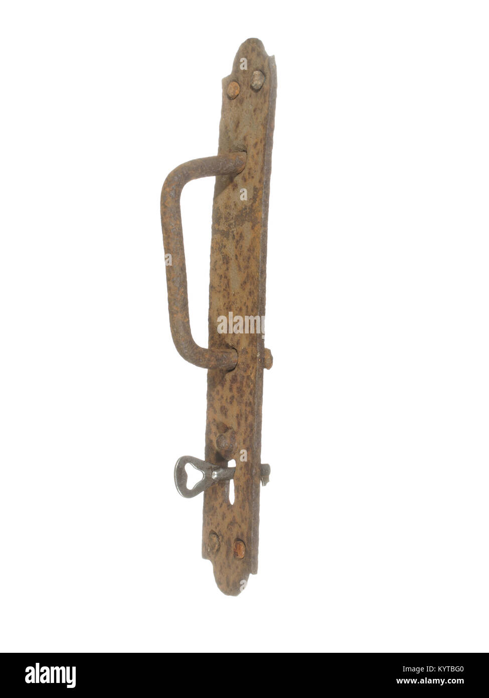 Ancient rusty door handle with keyhole and key isolated on white ...