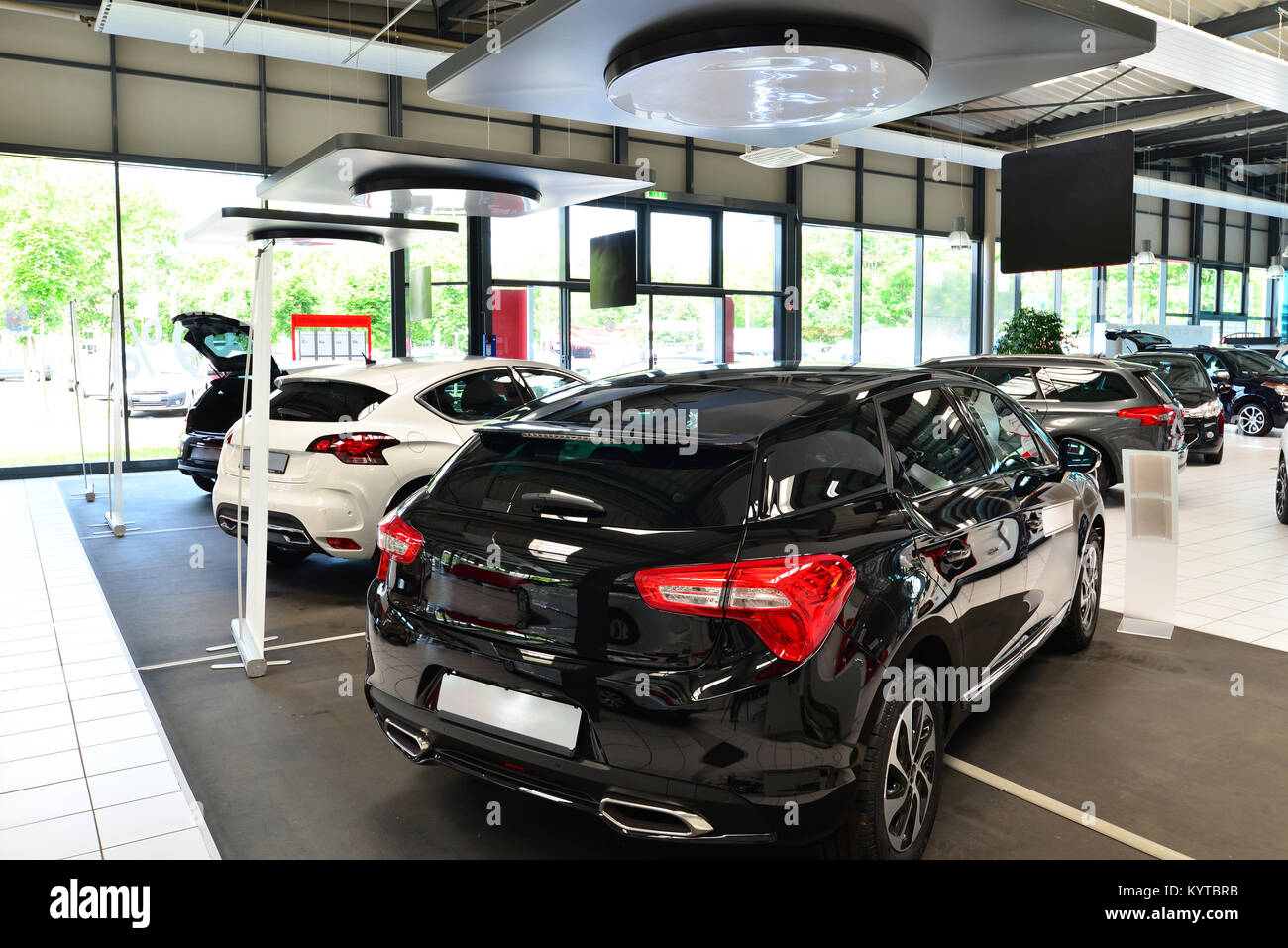 new cars in the sales area of a car dealership - building and ...