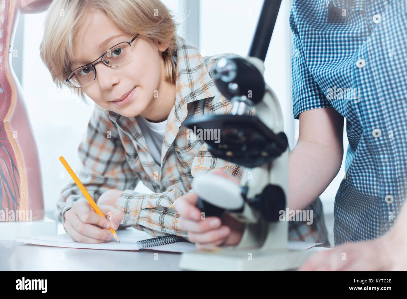 Scientific approach. Productive bright attentive boy conducting an ...