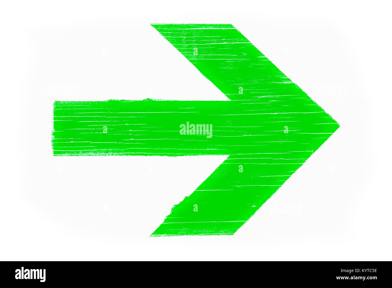 Bright green directional arrow manually painted on wooden signboard ...