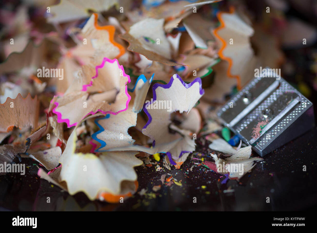 Close-up of multicolored pencil shavings and pencil sharpener Stock ...