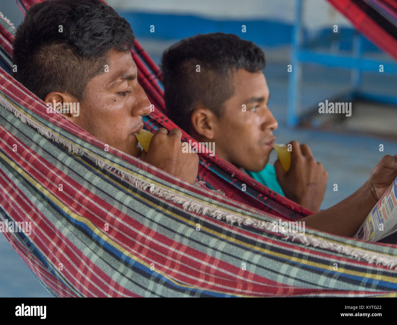 Amazon River, Peru - Dec 12, 2017: Portrait of men on the hammock – an ...
