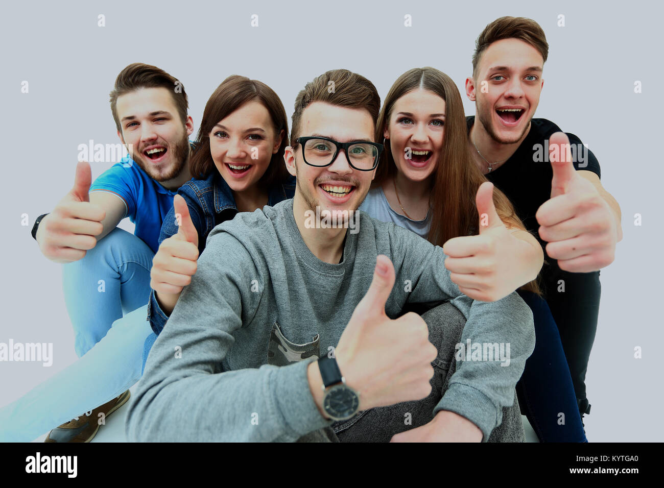 Happy joyful group of friends cheering isolated on white background ...
