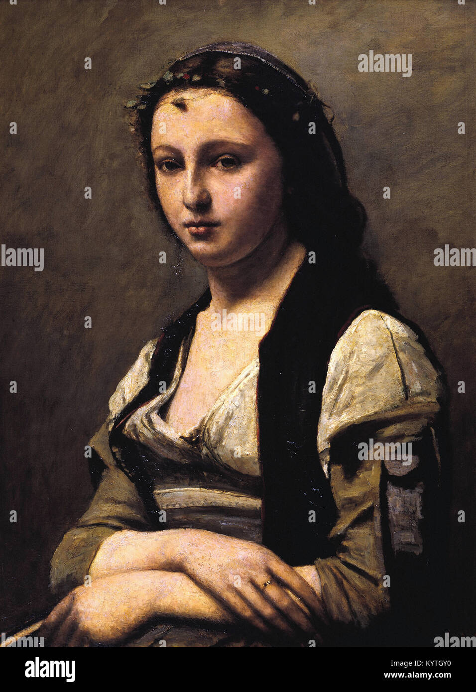 Camille Corot - The Woman with a Pearl - Louvre museum Paris Stock ...