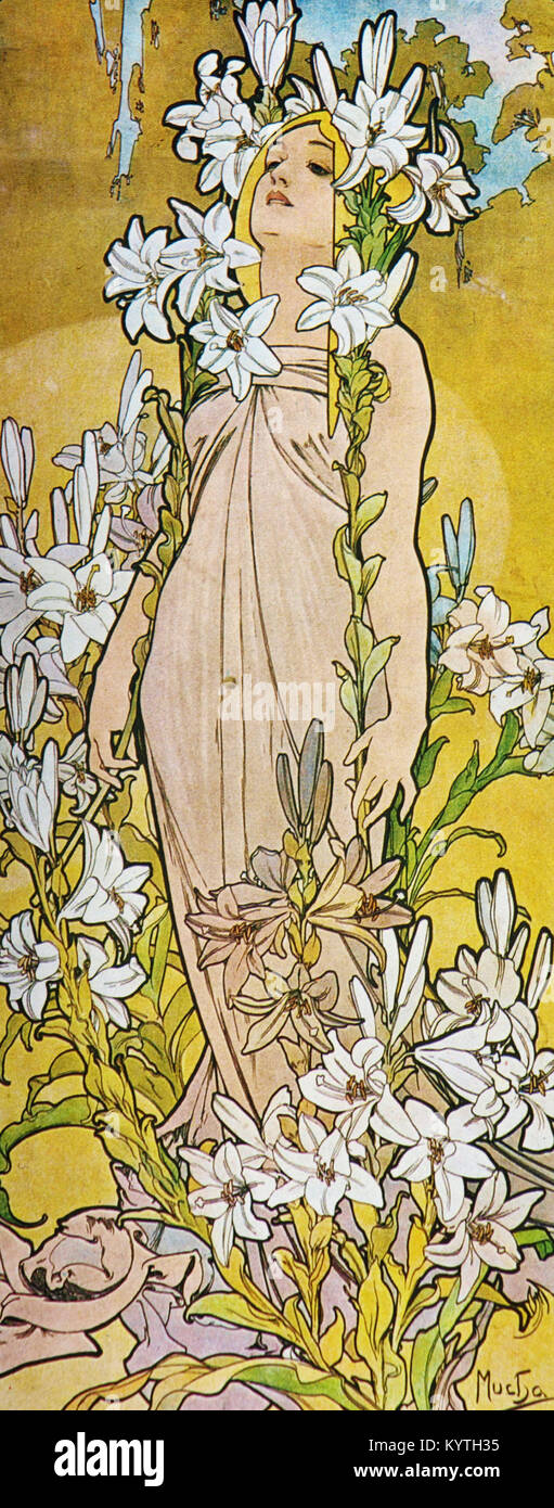 Alphonse Maria Mucha 1860 - 1939 Woman yellow with flowers Stock Photo ...