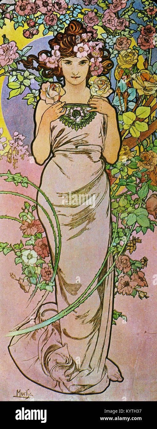 Alphonse maria mucha 1860 1939 woman face with flowers hi-res stock ...