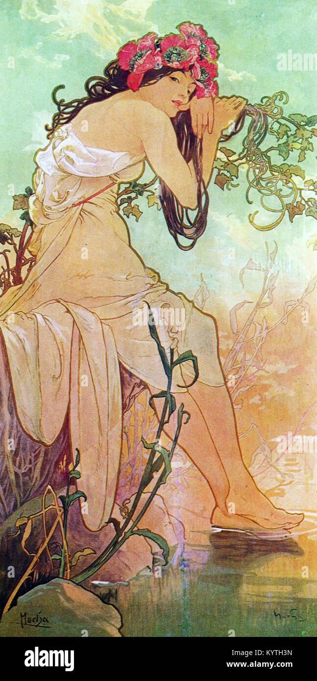 Alphonse Maria Mucha 1860 - 1939 Woman dreaming, river, long hair Stock ...