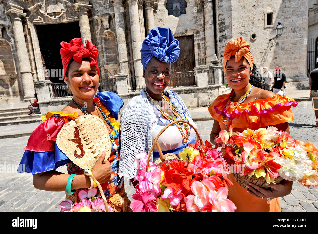 HAVANA, CUBA, MAY 6, 2009. Three Cuban women posing in traditional ...