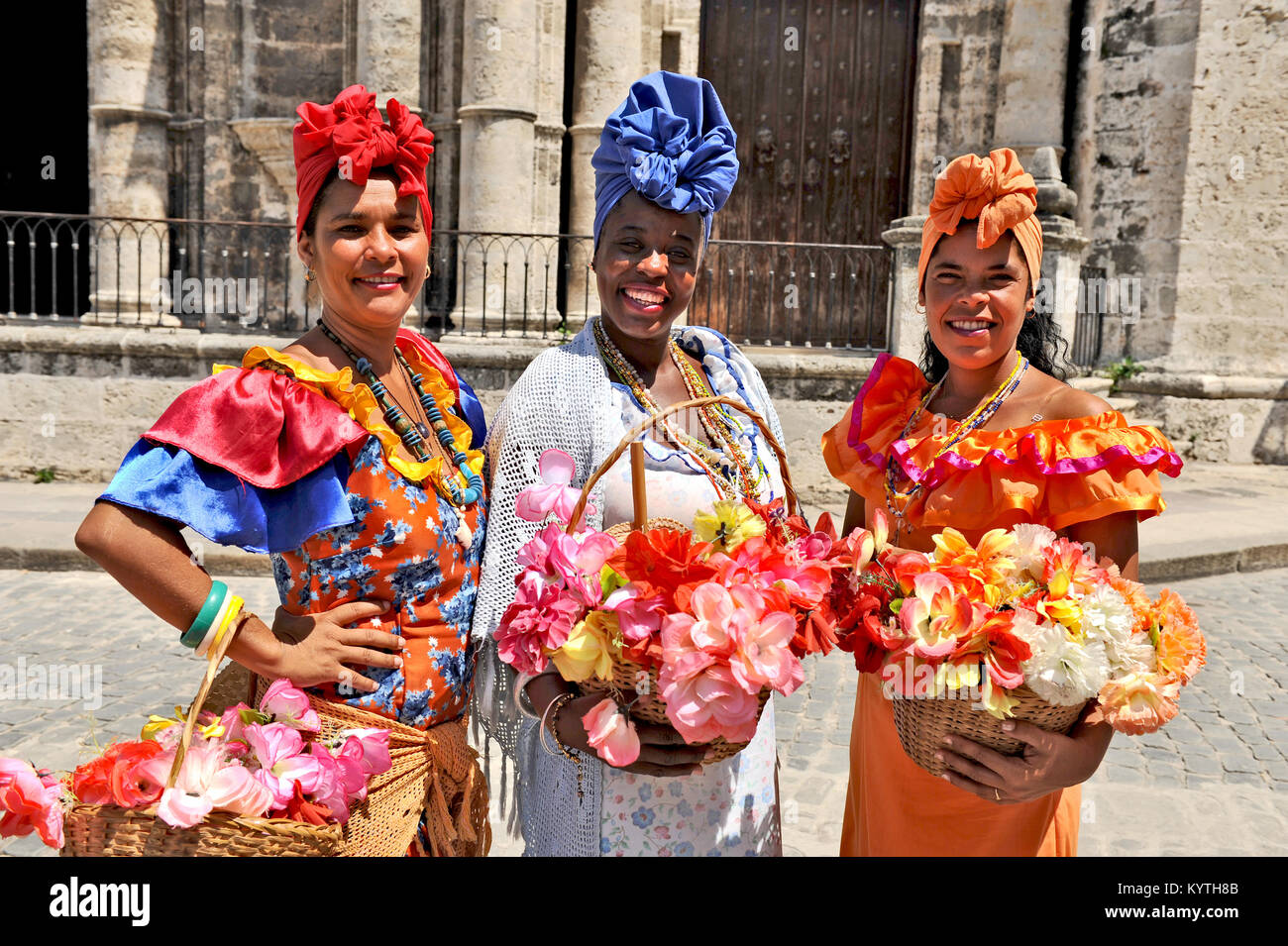 HAVANA, CUBA, MAY 6, 2009. Three Cuban women posing in traditional ...