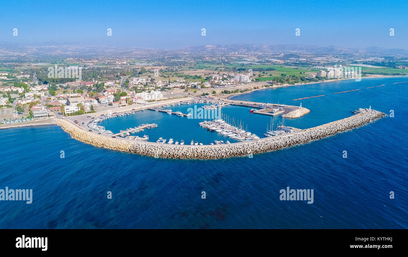 Aerial bird's eye view of Zygi fishing village port, Larnaca, Cyprus ...