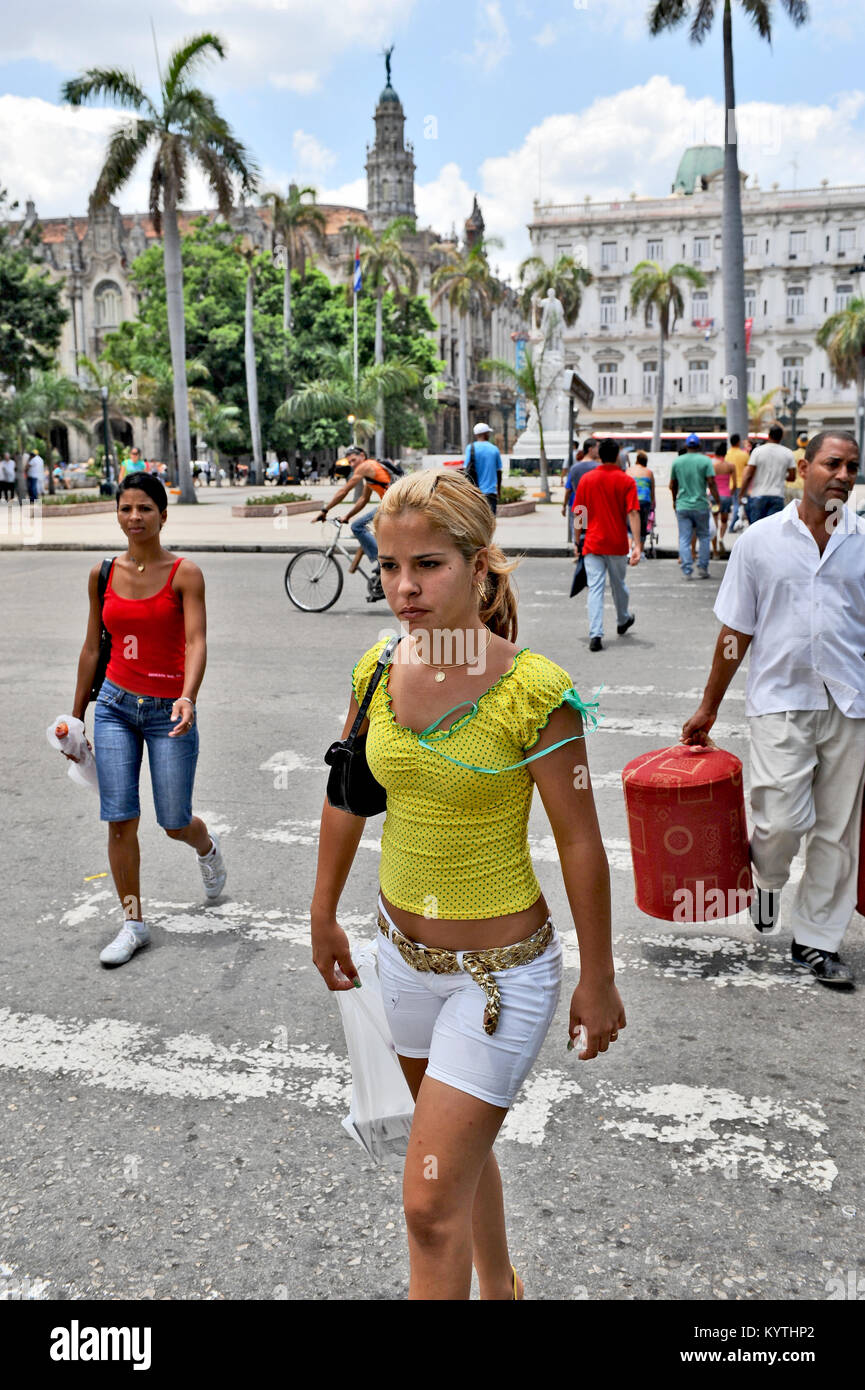 HAVANA, CUBA, MAY 6, 2009. People walking on a crosswalk in Havana ...