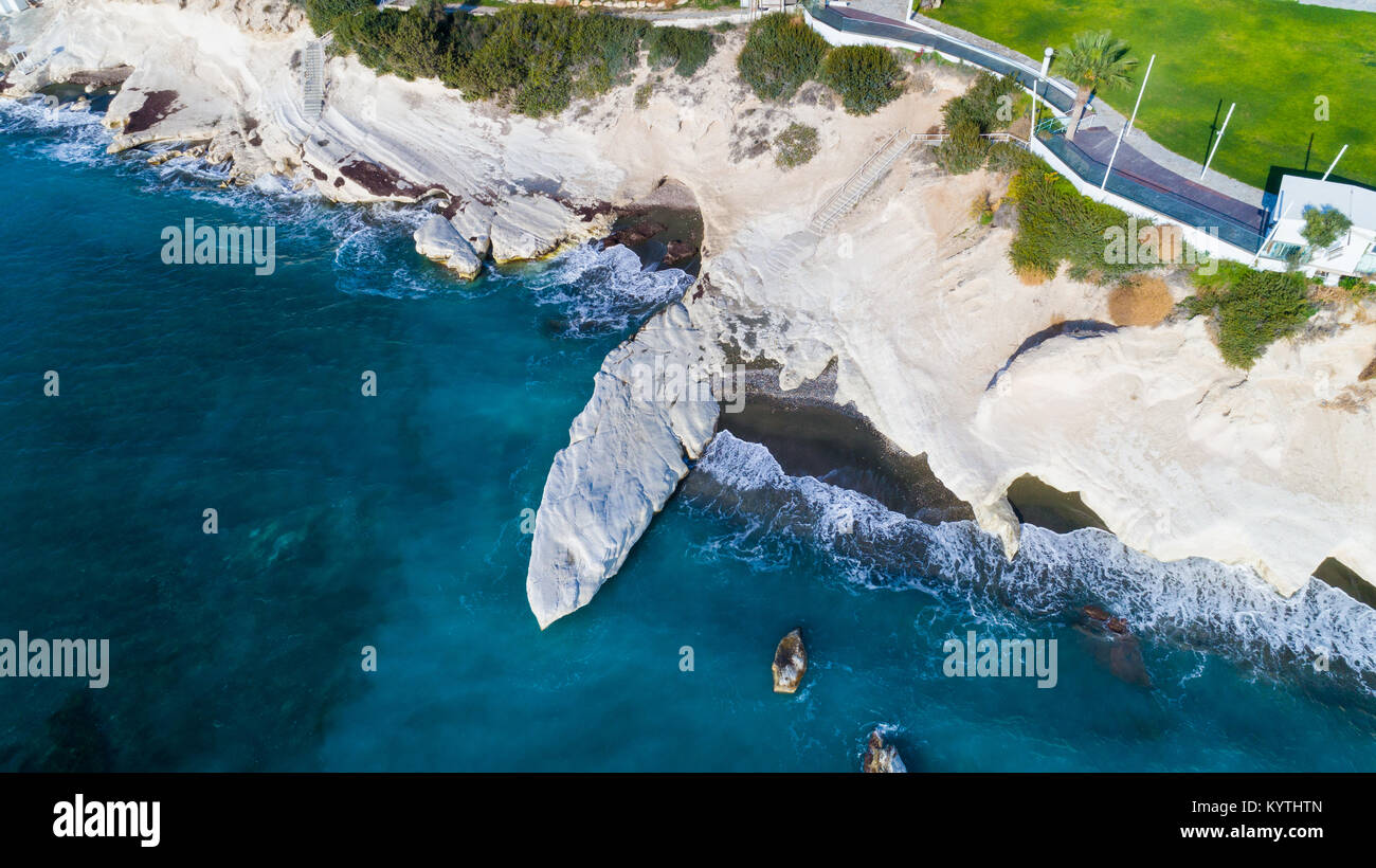 Aerial view of landmark big white chalk rock at Governor's beach ...