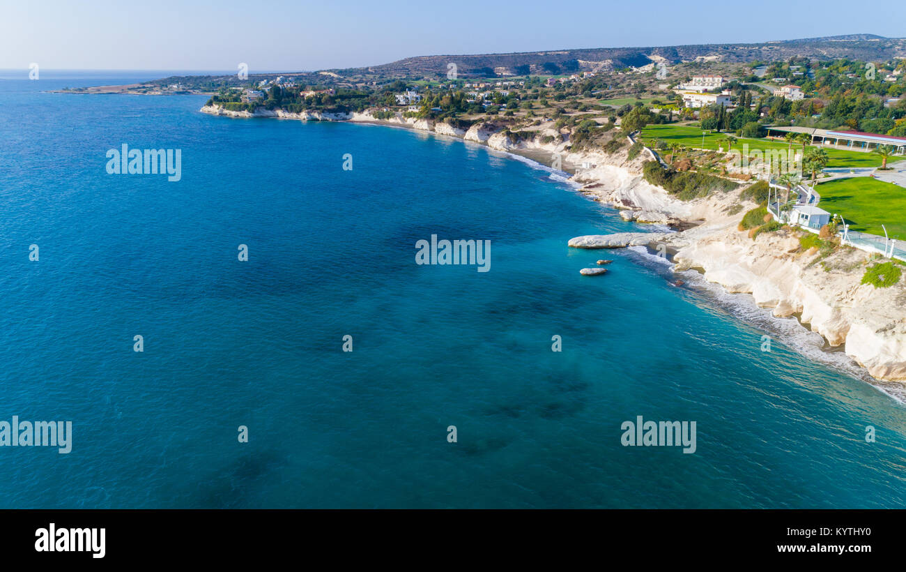 Aerial view of coastline and landmark big white chalk rock at Governor ...