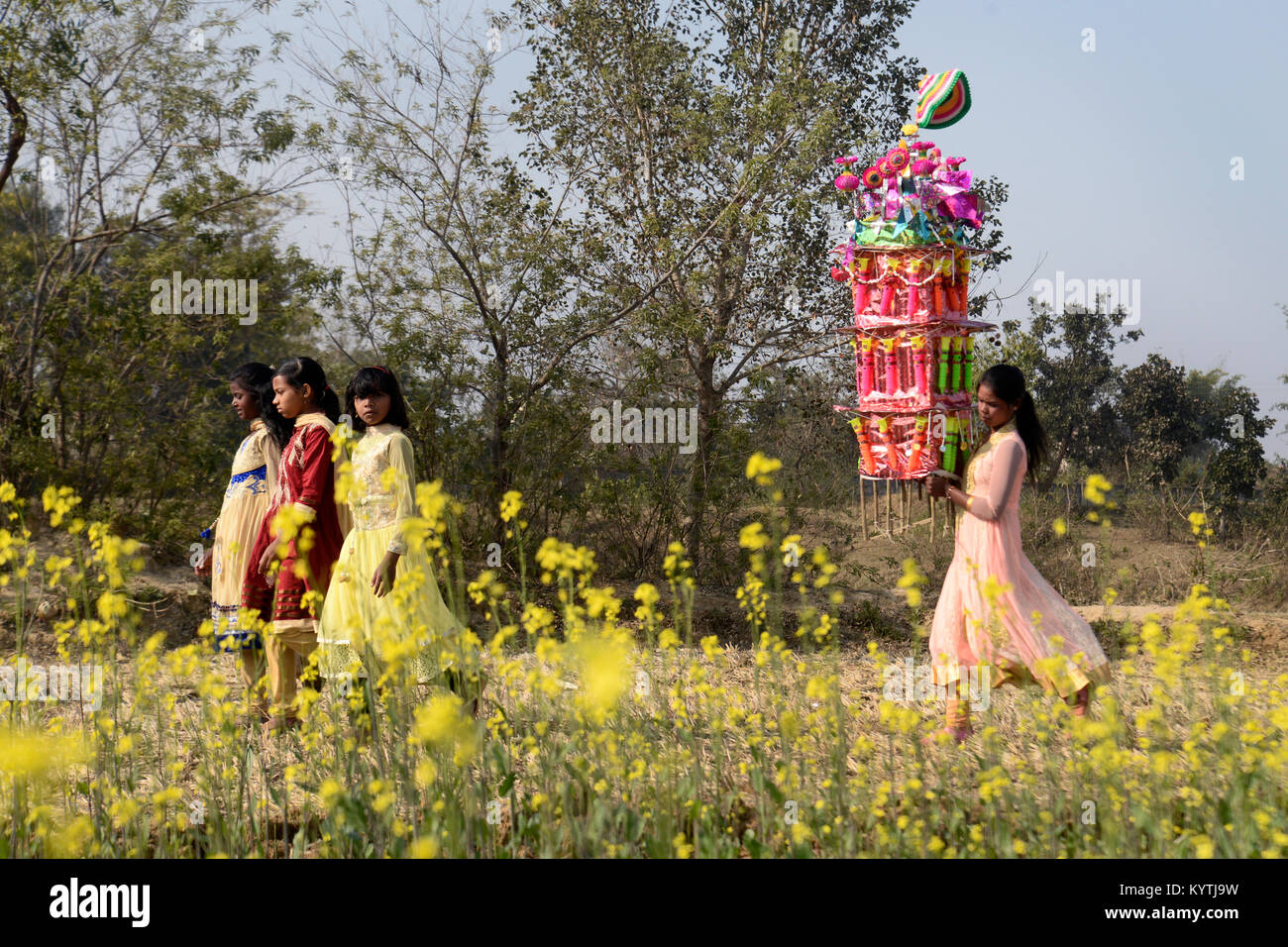 Purulia, India. 16th Jan, 2018. Tribal women carry Tusu idols through ...