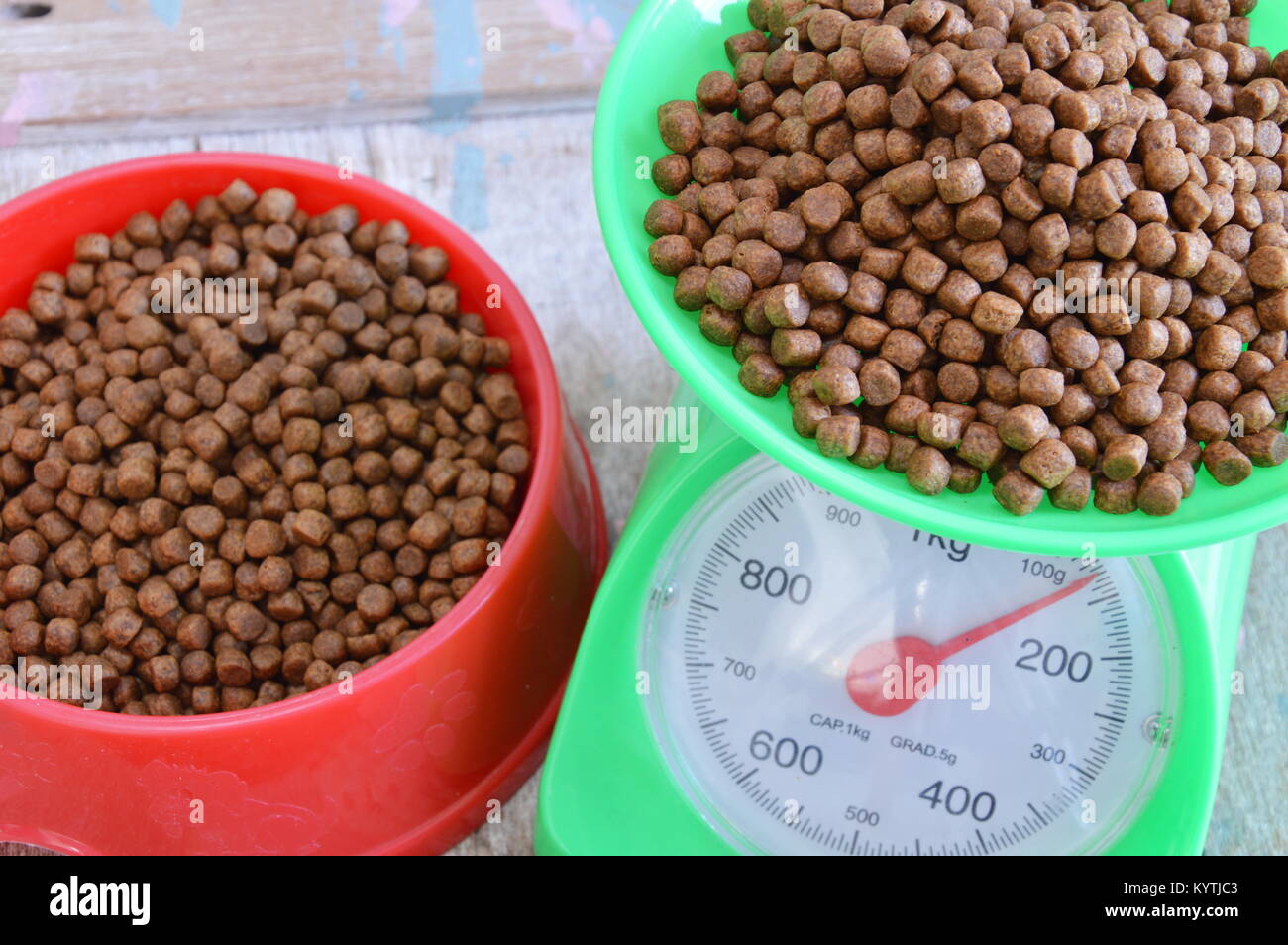 dog food on green weighting scale Stock Photo - Alamy