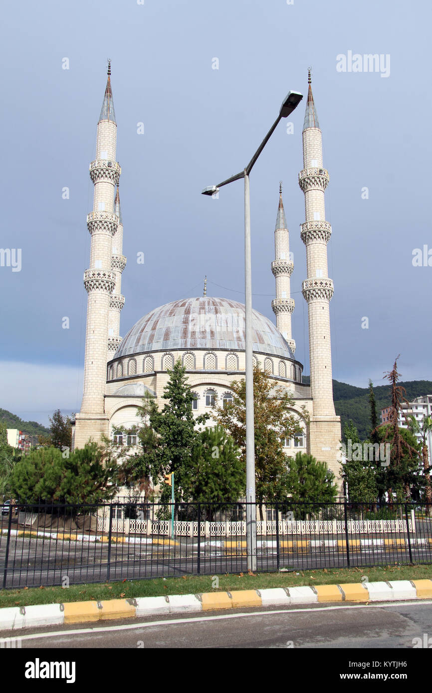 New mosque with high minarets on the road in Anamur, Turkey Stock Photo ...