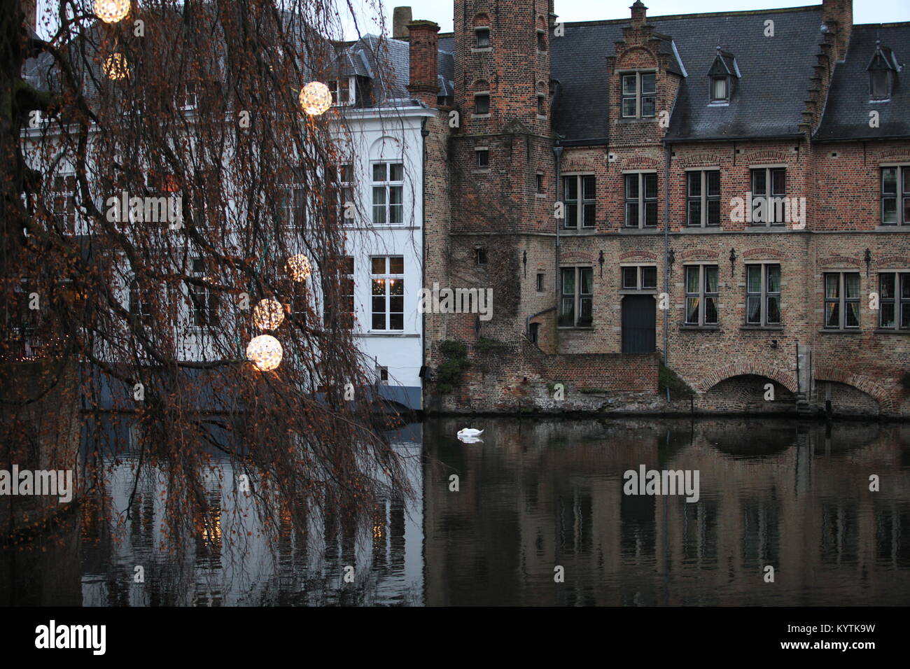 Winter evening in Bruges, Christmas lights Stock Photo - Alamy