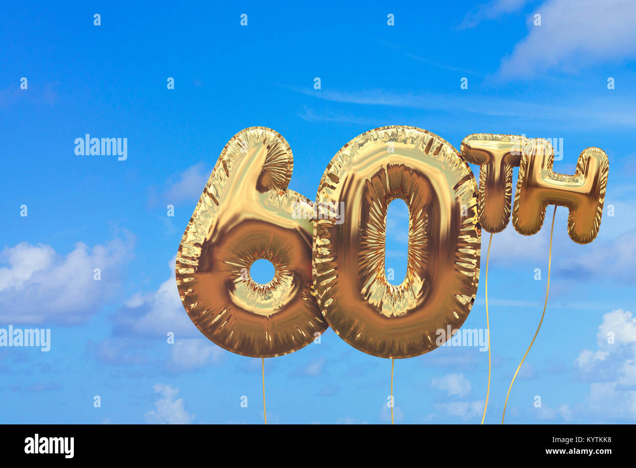 Gold number 60 foil birthday balloon against a bright blue summer sky ...