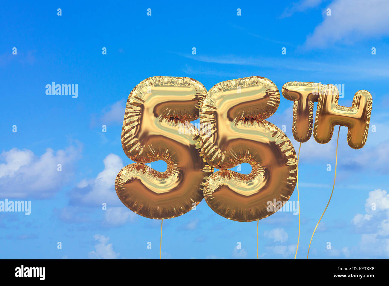 Gold number 55 foil birthday balloon against a bright blue summer sky ...