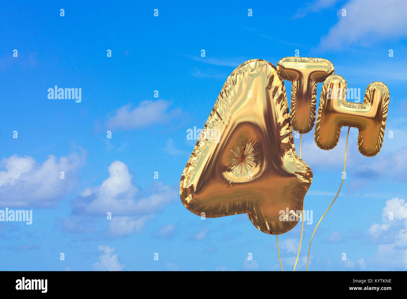 Gold number 4 foil birthday balloon against a bright blue summer sky ...