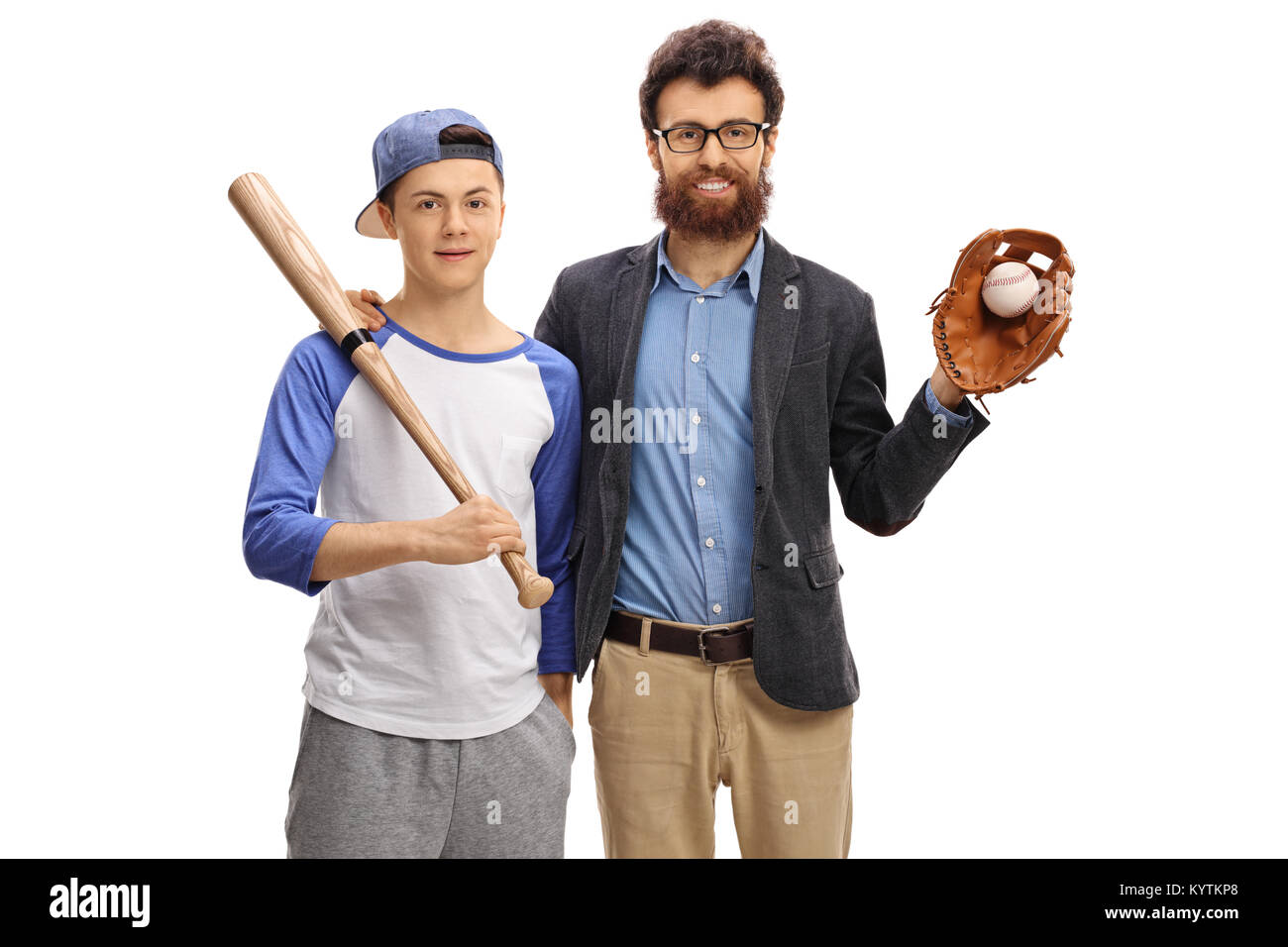 Teenage baseball player with his father isolated on white background ...